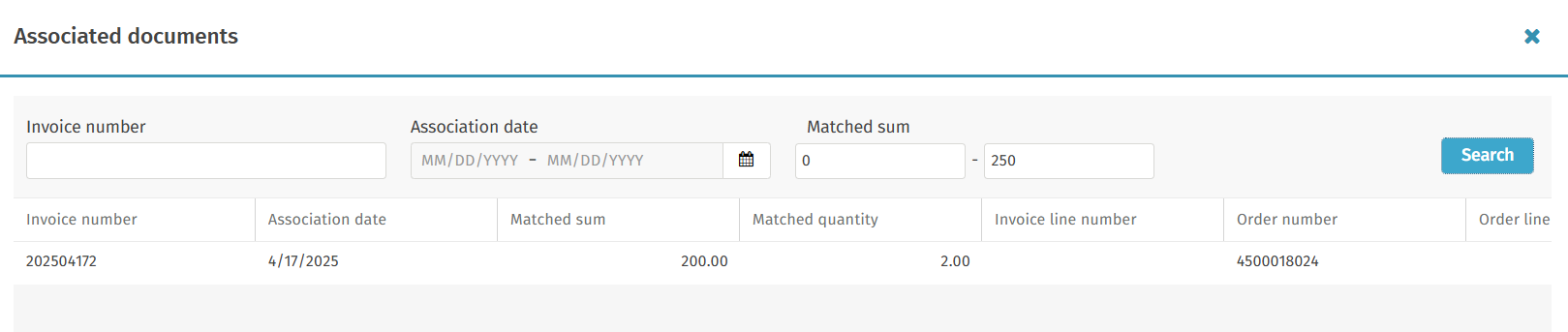 Search documents associated with PO using matched sum