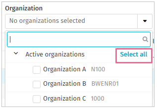 Select all active organizations in the organization list