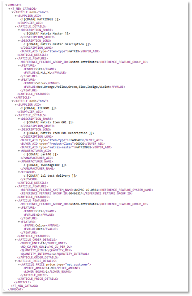 Matrix items supported in xml format catalog upload