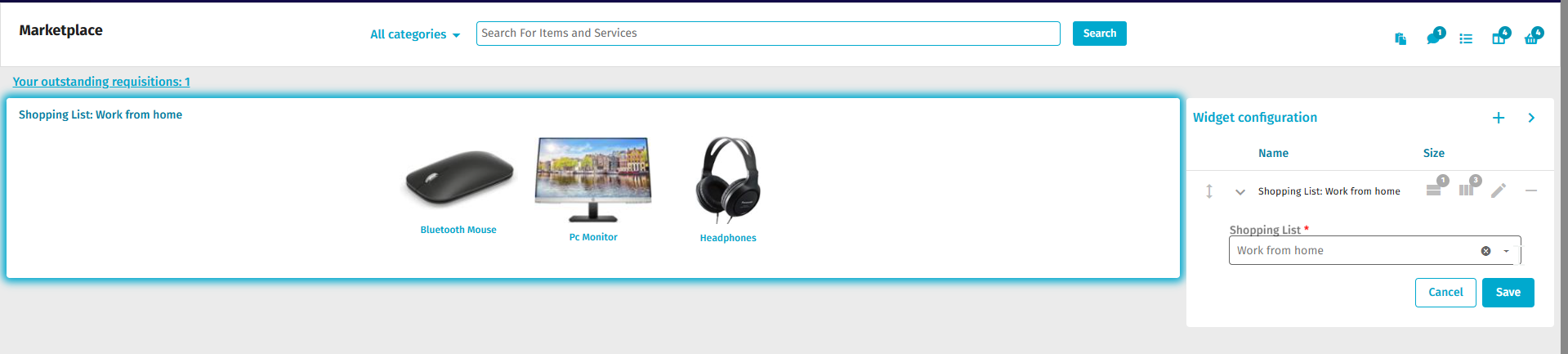 Shopping list widget on shop landing page