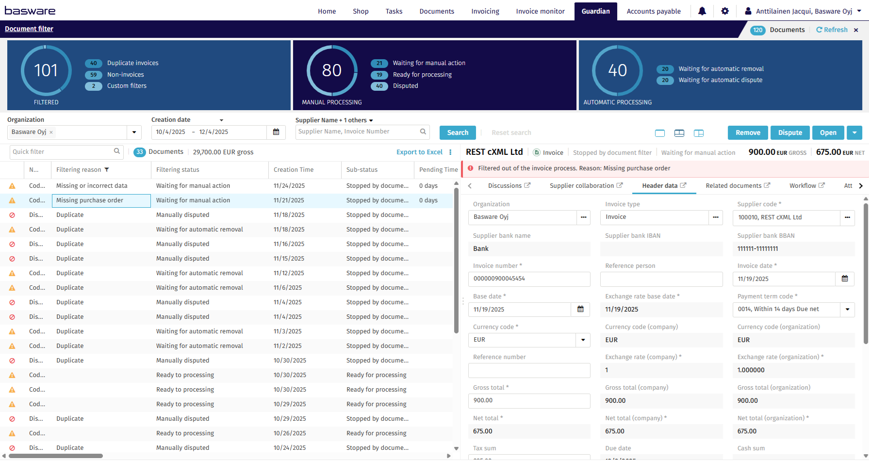 Document filter in Guardian for AP